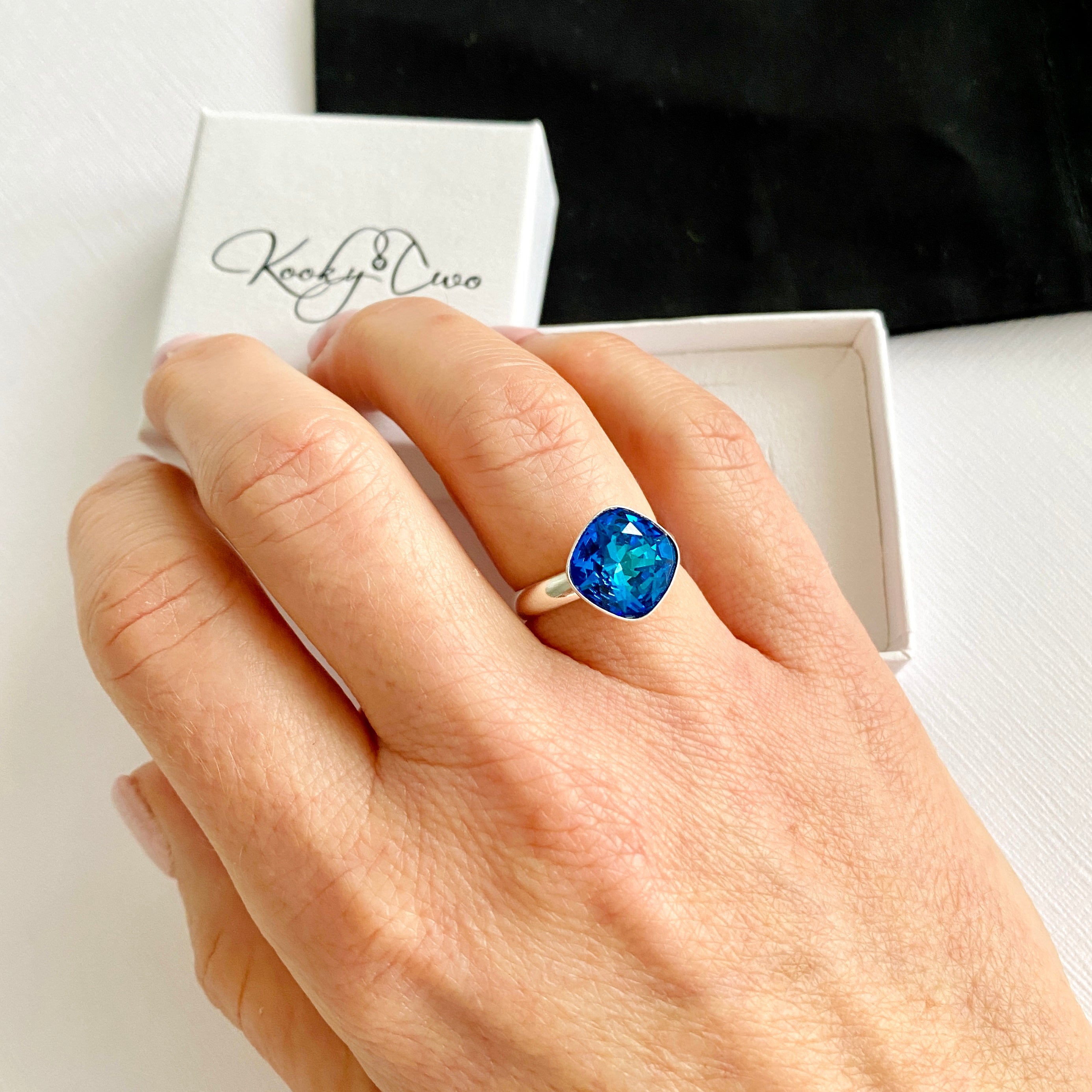 Cocktail Ring Adjustable Ring Blue Crystal Ring KookyTwo